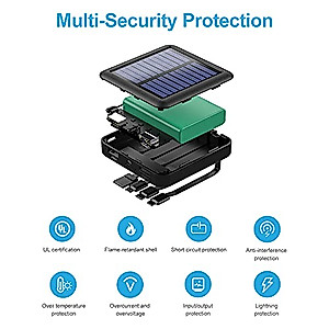 Solar Power Bank 12000mAh,Small Solar Charger Built in 4 Cables,USB C Input/Output,Dual Flashlight External Battery Portable Charger Power Bank for iPhone,Tablet,Samsung