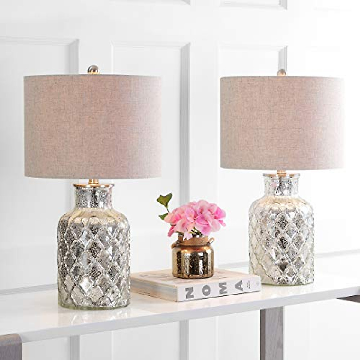 JONATHAN Y JYL1075A-SET2 Set of 2 Table Lamps Alvord 24.5" LED Glass Table Lamp Contemporary Bedside Desk Nightstand Lamp for Bedroom Living Room Office College Bookcase, Mercury Silver