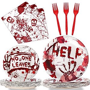 96 Pieces Bloody Good Time Party Tableware Set Halloween Zombie Skull Bloody Party Table Decorations Halloween Party Supplies Table Decorations Paper Plates Napkins Forks for 24 Guests