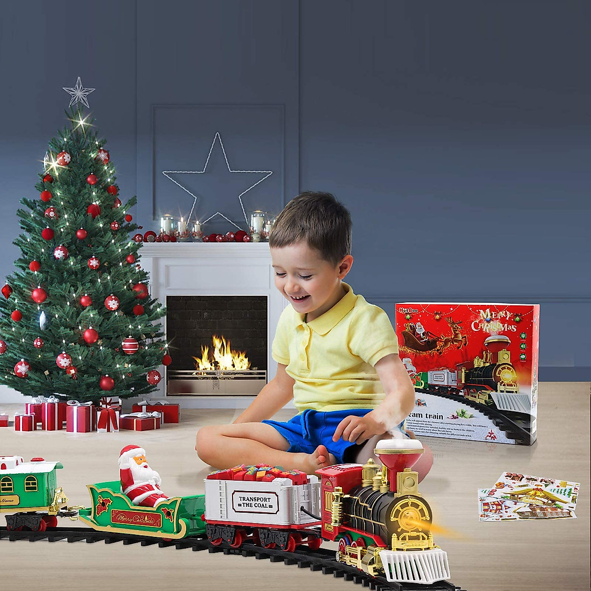 Hot Bee Electric Train Set, Toy Train Sets for Boys 4-7, Around The Christmas Tree Train Toys w/Smoke, Realistic Lights & Sounds, for 3 4 5 6 7 8+ Year Old Kids Boys Girls