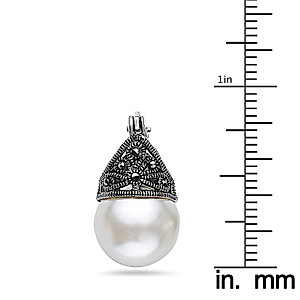 SILVER EMPIRE Fine Jewelry | 925 Sterling Silver Filigree Earrings for Women | Features Marcasite & Colorful Glass Pearls (White) | Cap Mounting w/Latch Closure | Oxidized Finish | Hypoallergenic