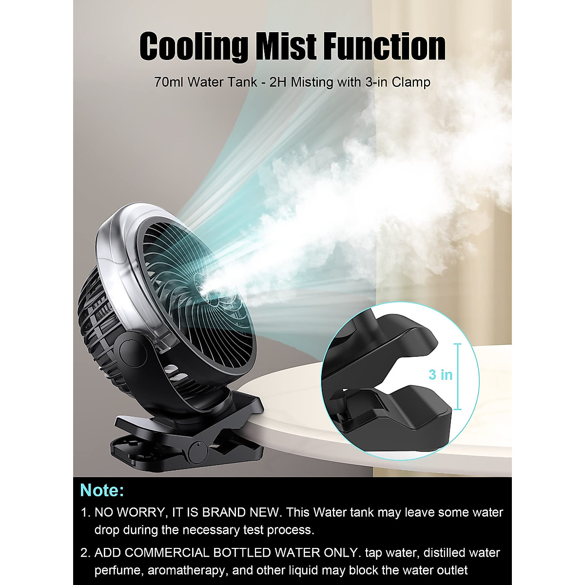 FRIZCOL Clip on Fan with Misting - 6000mAh Portable Fan with Light & Hook - Rechargeable Fan Battery Powered Up to 40 Hours Cooling & 2h Misting for Travel, Office, Desk