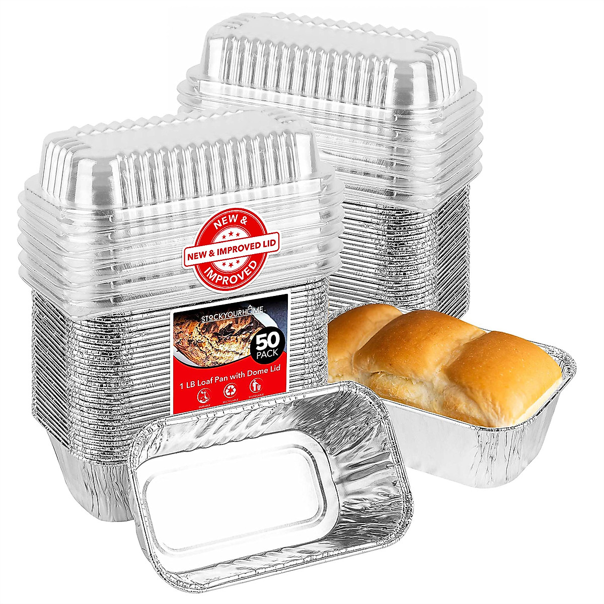 Stock Your Home Disposable Aluminum Mini Loaf Pans with Lids, 1 lb (50 Pack) New & Improved Plastic Dome Lid Foil Baking Tins, Tin Pans for Cake, Bread, Holiday Baked Goods Packaging