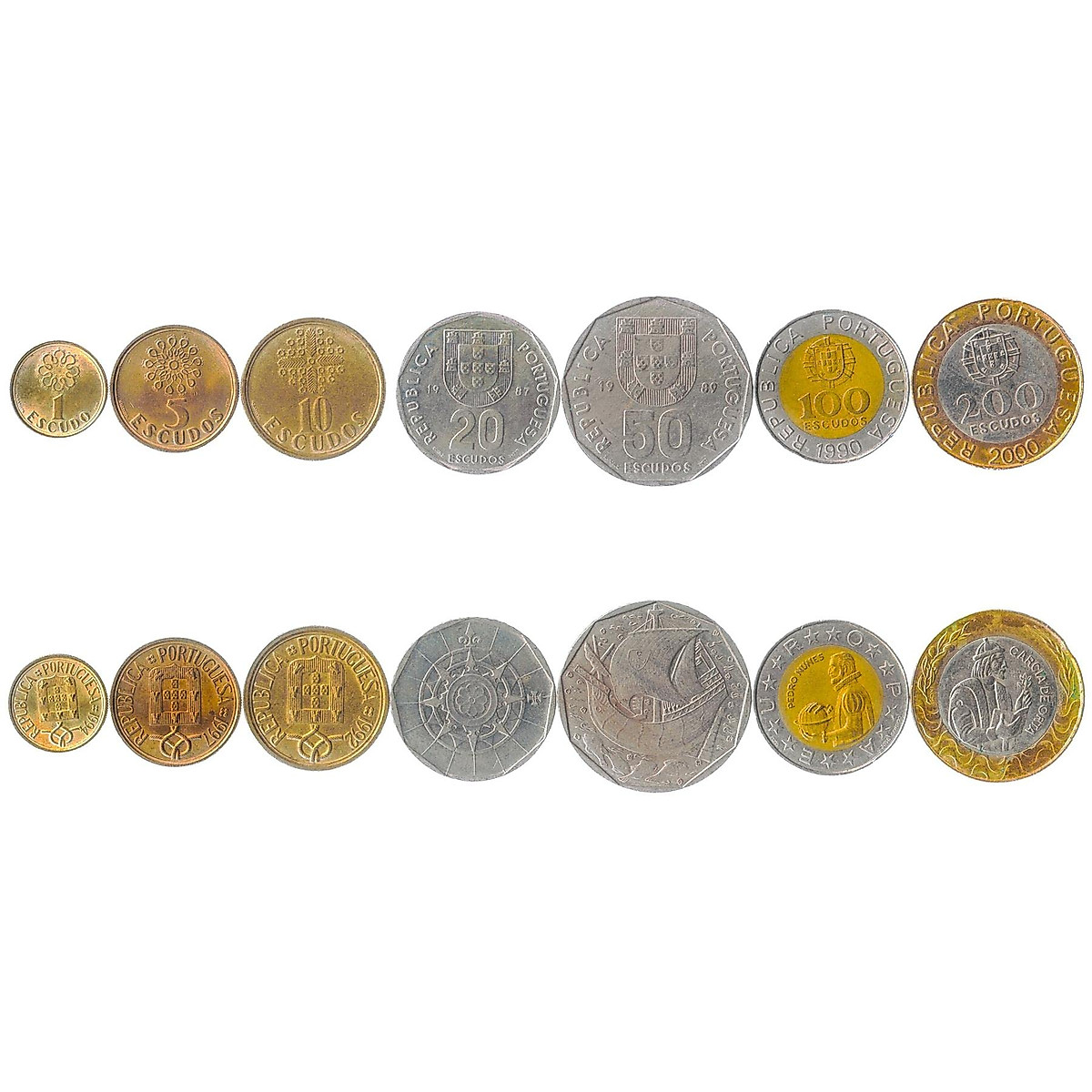 7 Coins from Portugal | Portuguese Coin Set Collection 1 5 10 20 50 100 200 Escudos | 1986-2001 | Pedro Nunes | Garcia De Orta | Ship | Nautical Compass
