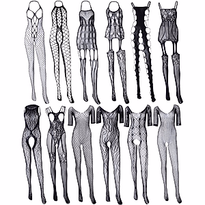 12 Pieces Women's Fishnet Lingerie Mesh Bodysuit Lace Smock Lingerie for Women (Fresh Style)