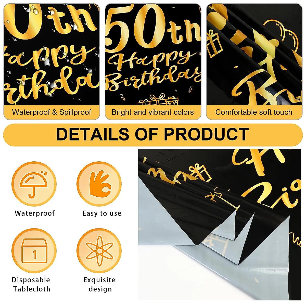 PHOGARY 50th Birthday Party Decorations Tablecloth, 3 Pack Happy Birthday Table Cover for Women Men, Bday Anniversary Theme Party Supplies Black and Gold Rectangular Tablecloths 54 × 108 in
