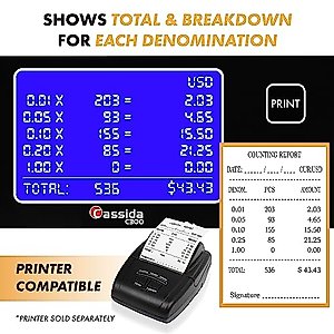 Cassida C300 Professional USD Coin Counter, Sorter and Wrapper/Roller, 300 coins/min, with Quickload and Printing-Compatible,Gray