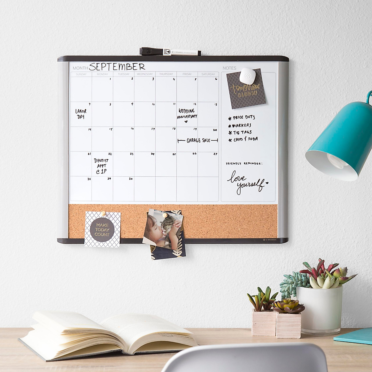 U Brands Magnetic Dry Erase 3-in-1 Calendar Board, 16 x 20 Inches, MOD Black/ Gray Frame, Magnet and Marker Included (388U00-01), Black & Grey