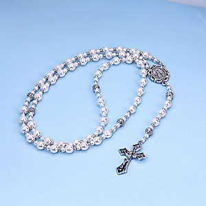 Catholic Pearl Beads Rosary for Women, Simulated White Pearl Beads Rosary Necklace Miraculous Medal & Cross