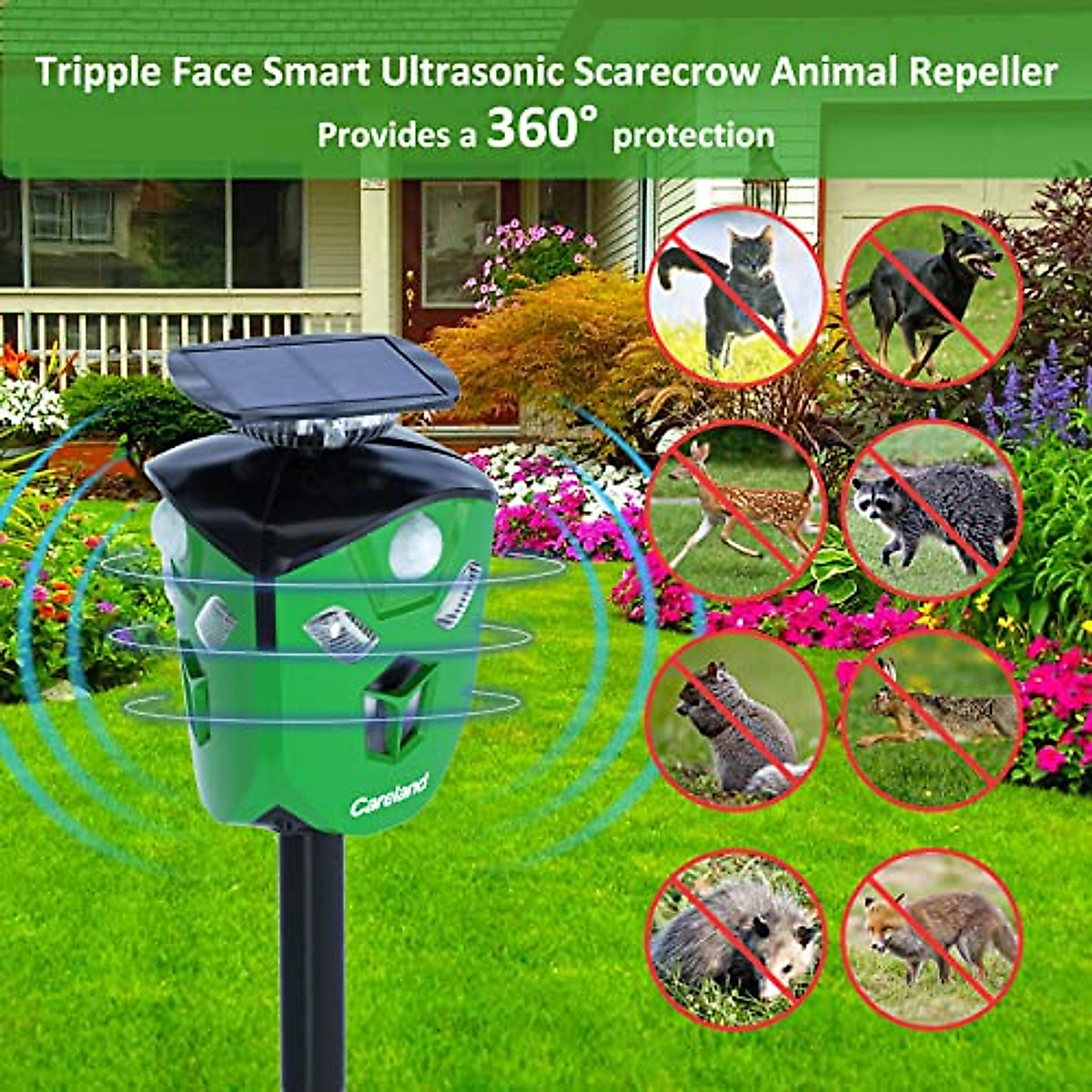 Careland 360° Solar Ultrasonic Animal Repellent with Motion Sensor Cat Dog Repellent Squirrel Raccoon Deer Deterrent Chaser Protect Farm Garden Yard Pond