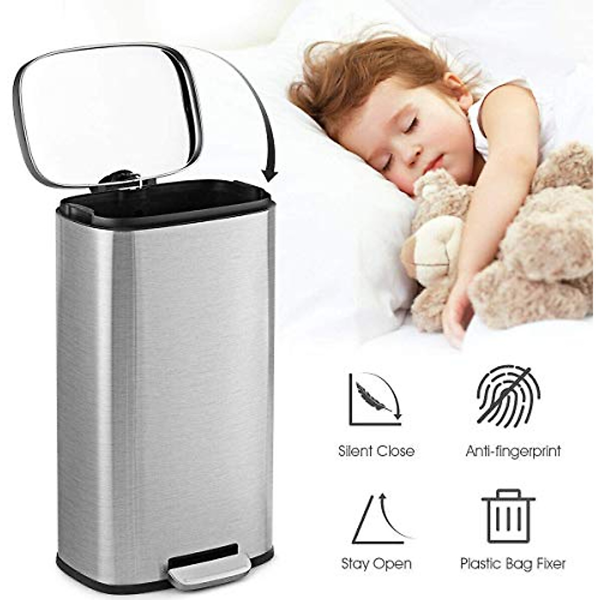 Casart Stainless Steel Trash Can with a Handle, Step Waste Bin with Inner Buckets and Hinged Lids, Perfect for Home and Office, 13.2 Gallon