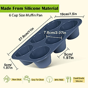 Vnray Silicone Muffin Baking Pan & Cupcake Tray 6 Cup - Nonstick Cake Molds/Tin, Large Silicon Bakeware, BPA Free, Dishwasher & Microwave Safe (6 Cup Size, Grey)