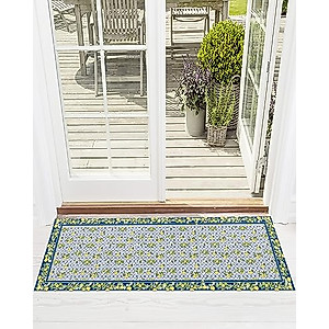 KITHOME Front Door Mat Summer Vintage Lemon Tile Pattern Blue Indoor Outdoor Entrance Doormat Washable Floor Mats for Front Door Bathroom Kitchen Runner Rugs 16x47 Inch