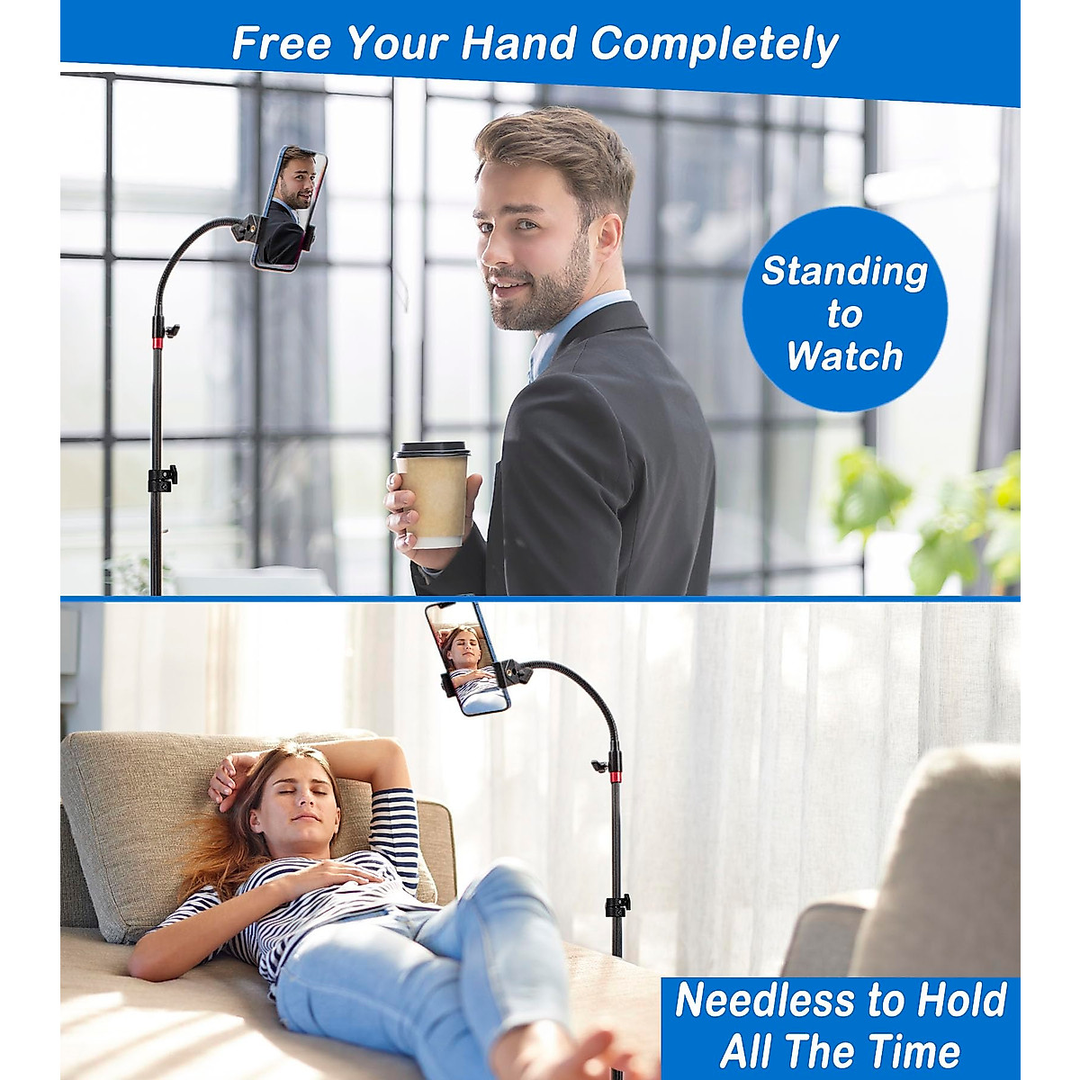 Tall Cell Phone Tripod, Phone Floor Video Tripod, Adjustable Gooseneck Phone Tripod with Carry Bag, 360 Swivel Head, Phone Clamp for iPhone16 /Pro/Pro Max/Plus/15/14/13/12/11, S22 S21