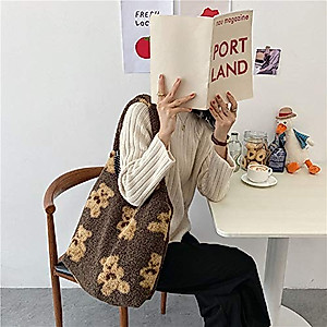 Women Lamb Like Fabric Shoulder Tote Bag Canvas Fluffy Fur Bear Handbags Soft Cute Bag