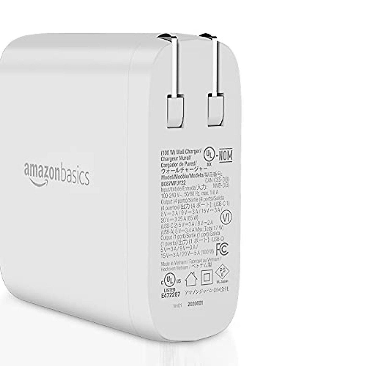 Amazon Basics 100W Four-Port GaN Wall Charger w/ 2 USB-C (100W,18W) & 2 USB-A Ports (12W) w/PD for Laptops, Tablets & Phones (iPhone 16/15/14/13/12/11/X, iPad, Mac, Samsung, and More), Non-PPS, White
