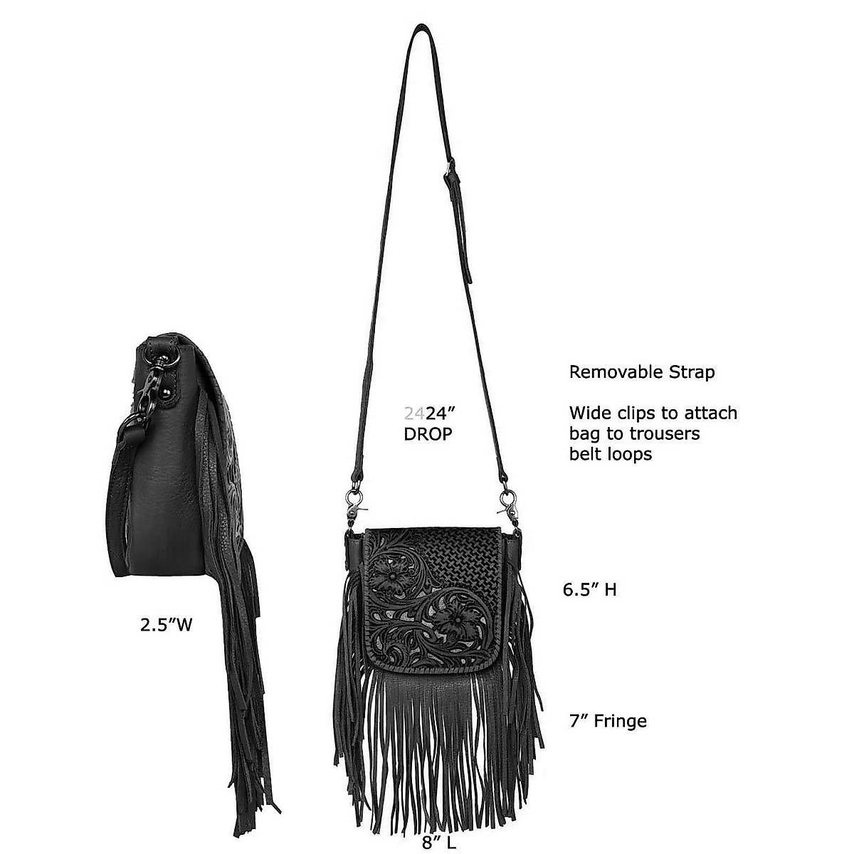 Montana West Handcrafted Leather Convertible Clutch Crossbody Handbag Biker Bag w Fringe (Black Studded w Buckle)