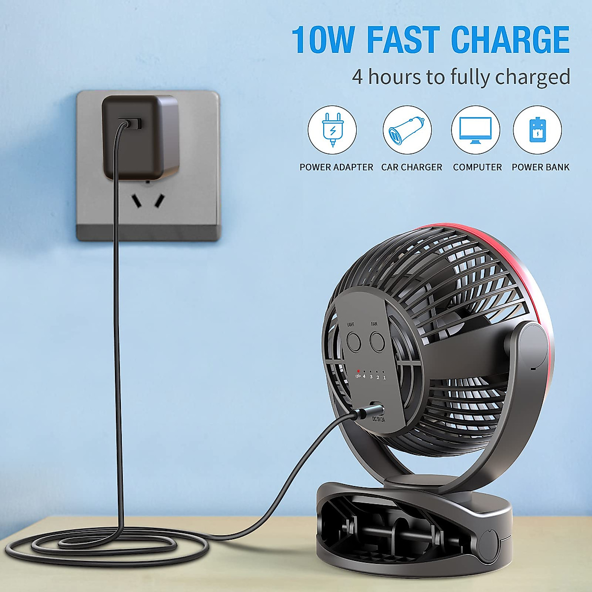 Battery Operated Camping Fan with Light, 5000mah Portable Clip On Fan, Personal Office Desk Fan For Travel Tent, Treadmill, 4 Speed, 35H, Hanging Hook, for Hurricane Emergency