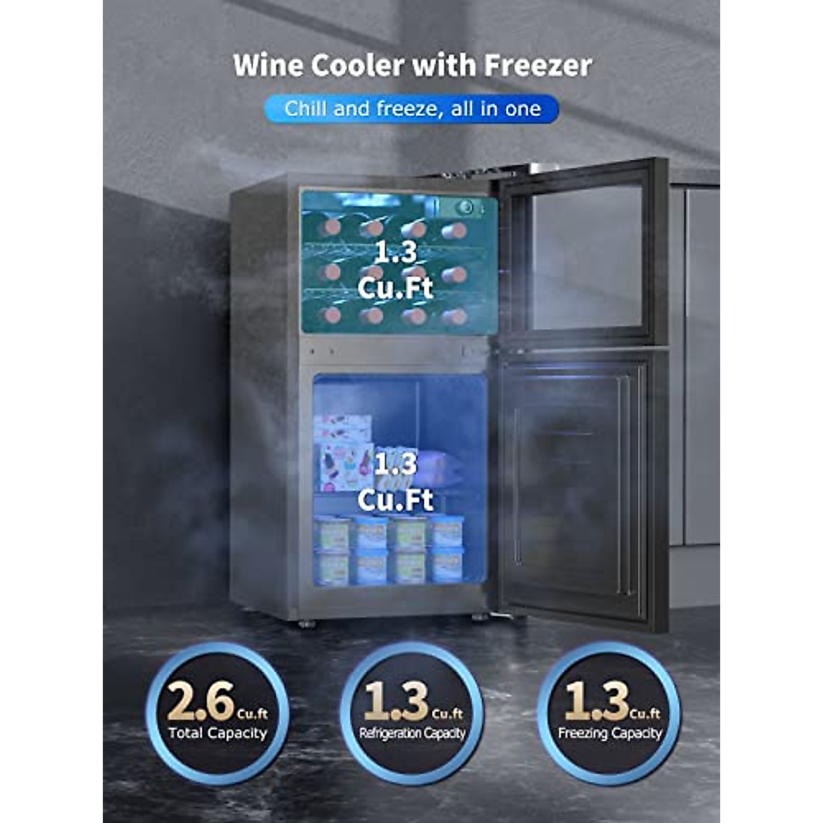 WATOOR Double Door Beverage Wine Cooler with Freezer,1.3 Cu Ft Mini Fridge and 1.3 Cu Ft Freezer with Reversible Door,Dual Zone Temperature Control,Perfect for Home or Office