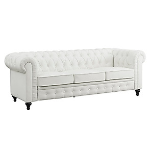 Naomi Home Emery Chesterfield Sofa with Rolled Arms, Tufted Cushions / 3 Seater Sectional Sofa Couch for Small Spaces, Living Room, Bedroom, Apartment Easy Tool-Free Assembly – Off White