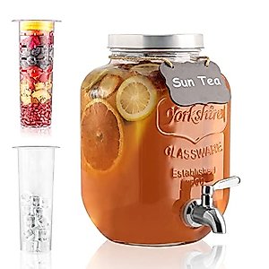 1 Gallon Drink Dispenser with Spigot 18/8 Stainless Steel – Airtight & Leakproof Glass Sun Tea Jar with Anti-Rust Lid, Beverage Dispenser for Parties – Include Ice Cylinder and Fruit Infuser