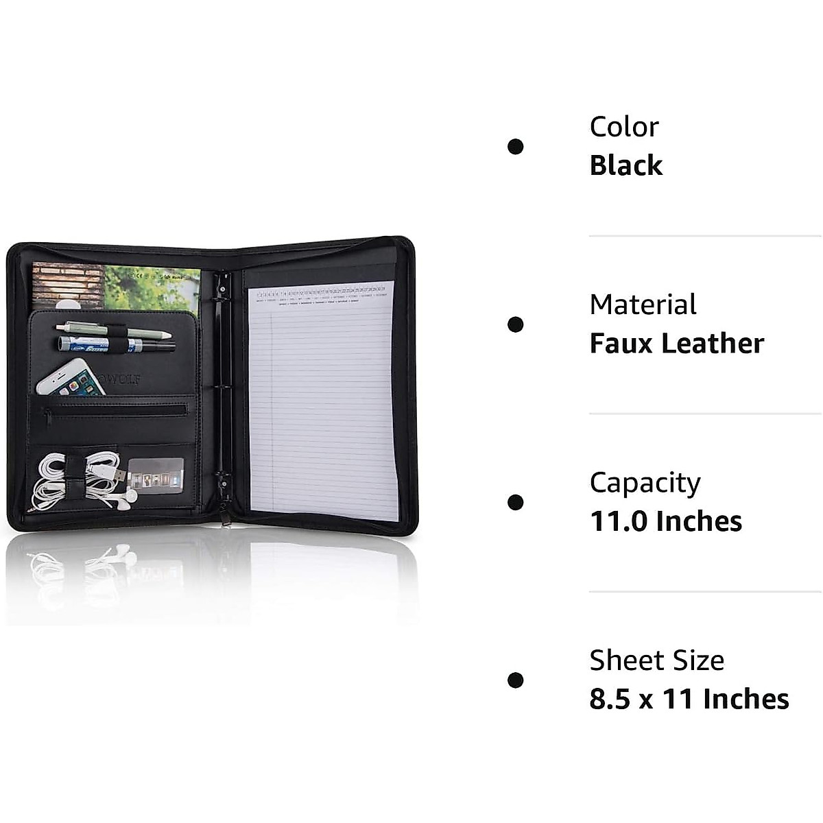 OOWOLF Padfolio Portfolio Folder, PU Leather Professional with Round Ring Binder 8.5 x 11 Inch Writing Pad Tablet Sleeve Interview Resume Document Organizer Business Card Holder Zippered Closure