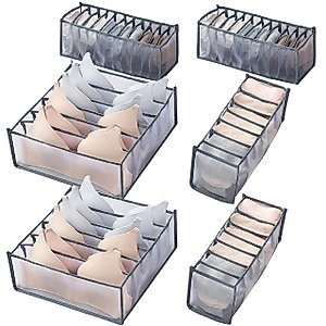 6Pcs Underwear Bra Draw Organizer Storage Box Foldable Drawer Closet Organizer Boxes Wardrobe Closet Storage Organizers for Underwear Bra Socks Underpants Panties and Ties(Grey, 6/7/11)