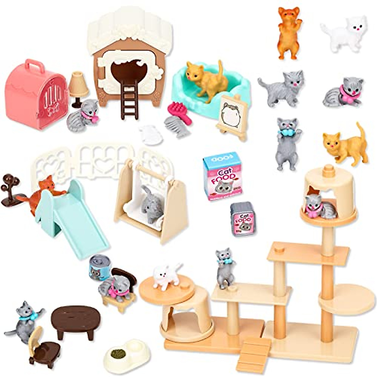 TQQFUN Pet Pretend Play Toys, 43 PCS Cat Figures Playset Toy, Realistic Detailed Care Center, Cats Role Educational Gift for Kids Toddlers Boys and Girls