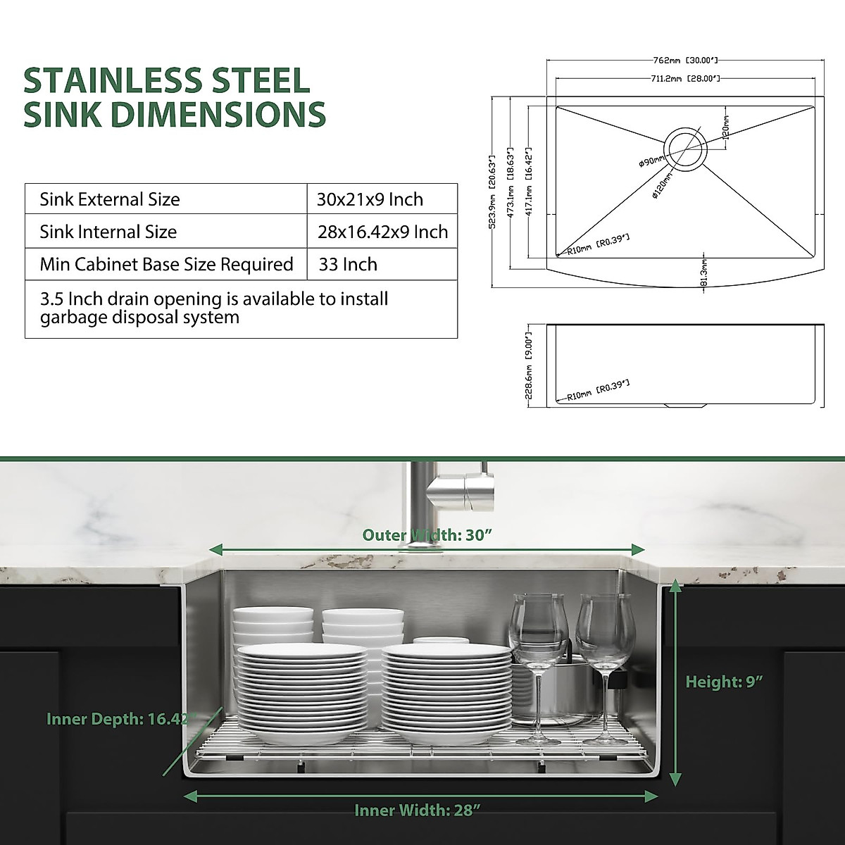 Couoko 33 Inch Farmhouse Sink Apron Front Ledge Workstation 16 Gauge Stainless Steel Single Bowl Farm Farmer Kitchen Sink Deep Basin, 33"x22"x9"