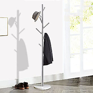 Metal Coat Rack Stand Golden Satin Steel Finish Stable Marble Base, High-Grade with Hooks Metal Tree Hat & Coat Hanger Floor Free Standing Wall Bedroom Easy Assembly (Golden)