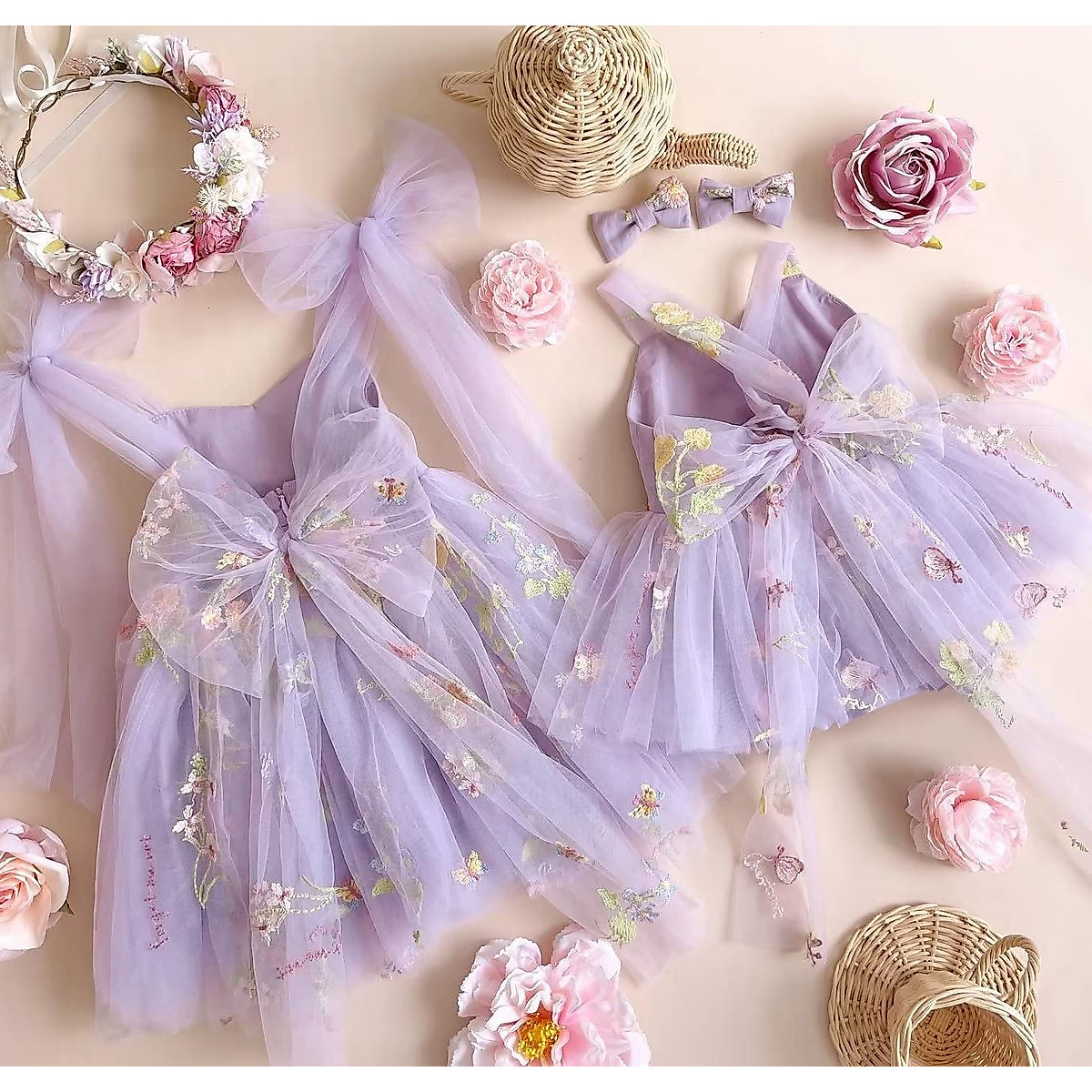 JISISANG Flower Girl Dresses for Wedding Toddler Short Floral Embroidered Tulle Bow-Knot Pageant Princess Boho Summer Swing Dress for Girls Kids Peach Pink 2