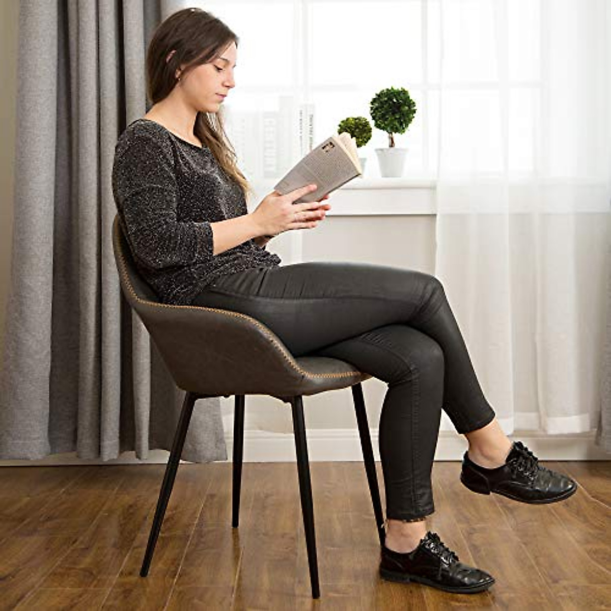 glitzhome Mid-Century Dining Chairs Set of 2 with Arm Leatherette Seat Metal Legs Living Room Bedroom Kitchen Modern Furniture, Grey