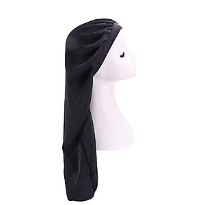 Extra Long Silky Satin Bonnet Sleep Cap Long Bonnet Cap for Braids Hair Loose Cap (Black)