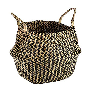 1Pc Foldable Natural Seagrass Woven Storage Basket Clothes Organizer Plant Flower Pot for Planting Home Decoration Laundry(Black)
