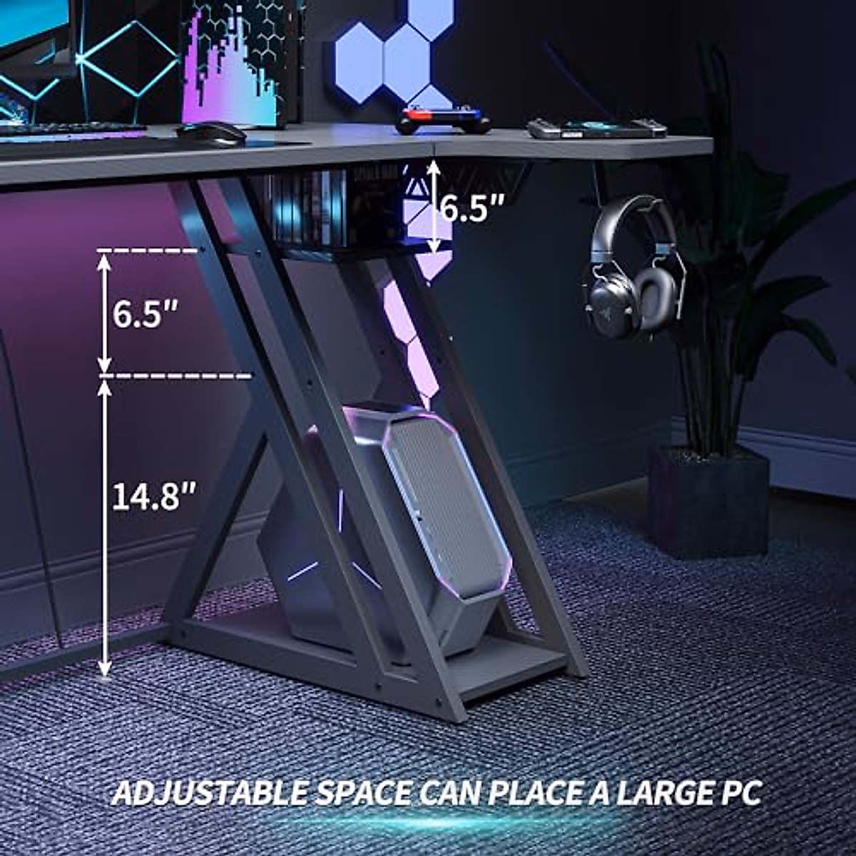 CubiCubi Aurora Gaming Desk with Carbon Fiber Surface, 40 Inch L Shaped Desk with Storage Shelves, Small Corner Computer Desk with Monitor Shelf, Gamer Desk PC Table, Grey