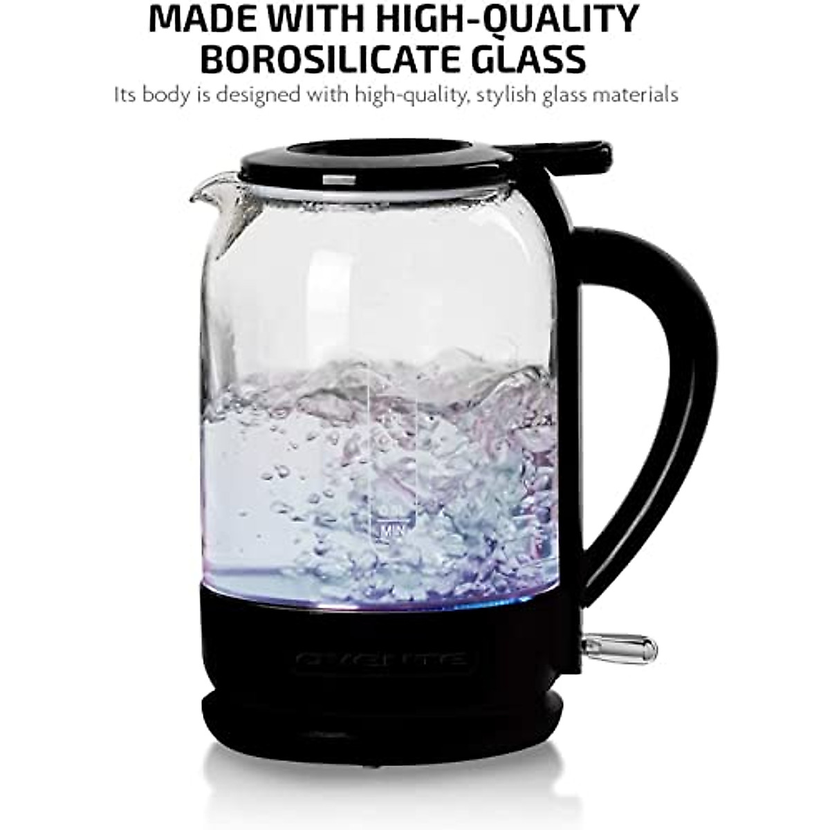 Ovente Electric Glass Kettle 1.5 Liter 1500W Power Portable Instant Hot Water Boiler Heater with ProntoFill Tech & Automatic Shut Off, Fast Boiling Cordless Body for Coffee Milk Tea, Black KG516B