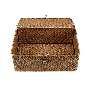 Handwoven Rattan Storage Basket,3pcs seagrass storage baskets Straw Seaweed Basket with Lid for Makeup, Clothes and Home hyacinth baskets Items woven seagrass basket