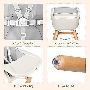 BABY JOY Convertible Baby High Chair, 3 in 1 Wooden Highchair/Booster/Chair with Removable Tray, Adjustable Legs, 5-Point Harness, PU Cushion and Footrest for Baby, Infants, Toddlers (Gray)