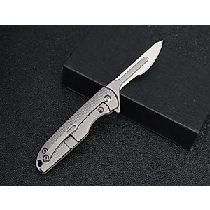 TENCHILON Ti28 Premium Mini Flipper Scalpel Folding Pocket Knife with 10pcs #24 Replaceable Blade, Textured 6AL4V Titanium Handle with Frame Lock Utility EDC Knives,