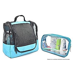 The Fine Living Co. Portable Hanging Shower Caddy Organizer Bag (Free Toiletries Case+Metal Hook) Quick Dry Mesh Shower Caddy Tote Bag Pouch For Bathroom College Dorm Camp Gym Camping 10”x4”x9”(Aqua)