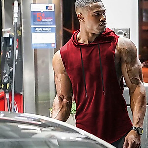 Babioboa Men's Gym Hooded Tank Tops Athletic Cut Off T-Shirt Sleeveless Training Hoodies Workout Dry(Wine Red X-Large)