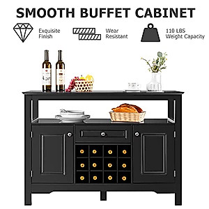 PETSITE Kitchen Sideboard Buffet Storage Cabinet, Coffee Bar Station with Wine Rack, Shelves, 2 Cabinets & Drawer, Wood Accent Modern Console Table for Living Room, Dining Room, Entryway (Black)