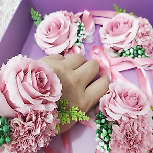 Axnhbubu 4Pcs Bridesmaid Purple Wrist Corsage Bracelet Wristlet Band Bridal Dusty Rose Corsage Girl Women Hand Flowers Boutonnieres for Wedding Prom Party Decorations