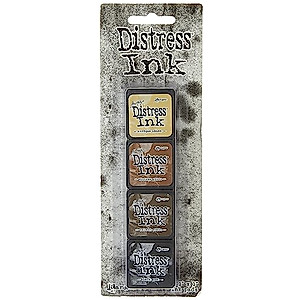 Ranger THoltz Ink Set 3 Tim Holtz Distress InkSet, Mini (Four 1x1 inch Pads), Antique Linen, Vintage Photo, Walnut Stain, and Black Soot, 4 Count