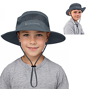 Zando Boys Sun Hat Outdoor Breathable Kids Bucket Hat Boys Girls UPF 50+ Sun Protective Hats for Kids Wide Brim Safari Hat Summer Fishing Camping Hiking Hat Boys Beach Cap Dark Grey 5-13 Years