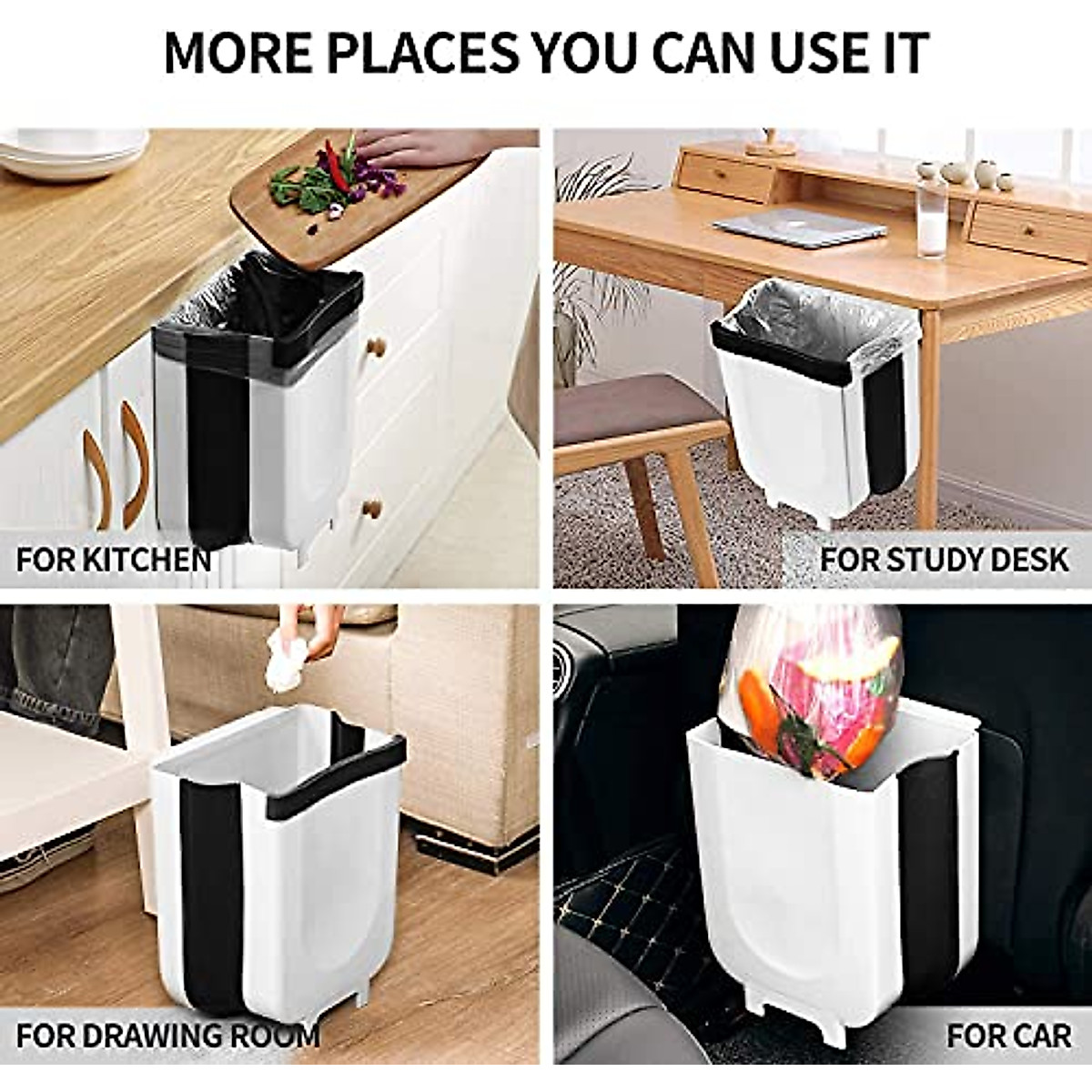 SheMarie Hanging Collapsible Trash Can - 9L Wall Mounted Foldable Waste Bin for Kitchen Cabinet Door - Quickly Clean Counter, Sink, Bathroom - RV, Car, Camping Folding Garbage Basket (White)