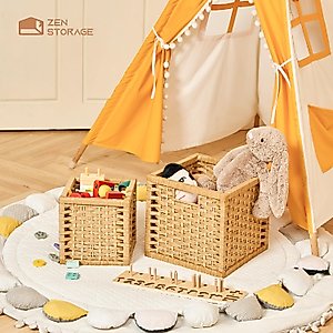 Wicker Basket with Built-In Handle, Handmade Square Wicker Basket for Shelf, Paper Wicker Cube Storage Bins for Book/Magazine/Blanket/Toy/Snack, Set of 2, Small and Large, 11.8 * 11.8 * 11.2 Inch