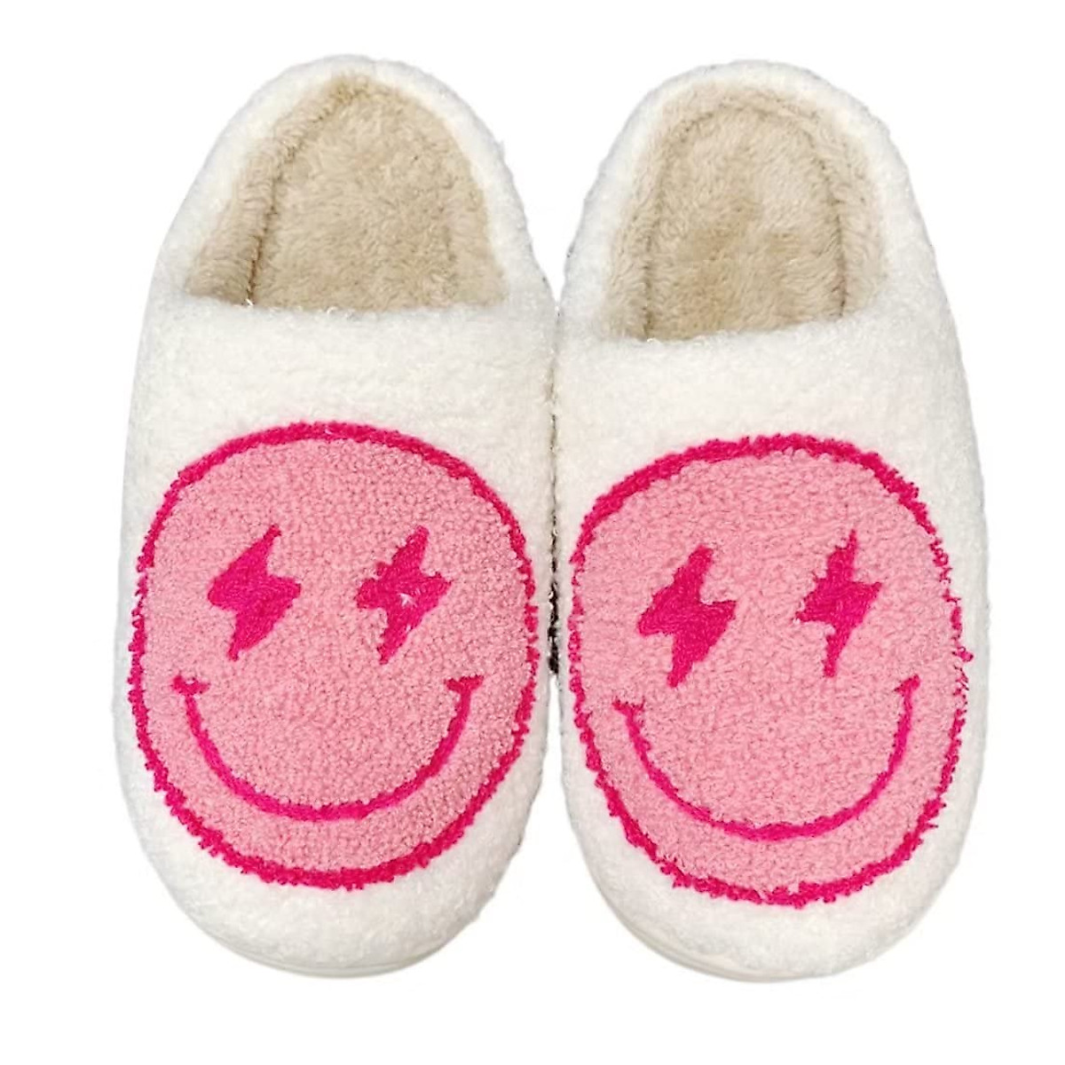 Women's Men's Happy Screw Lightning Happy Face Slippers Love heart-shaped slippers cat slippers Retro Leopard Print Happy Face Memory Foam Soft Plush Slippers Warm Anti-Slip Home Shoes Pink 43-44