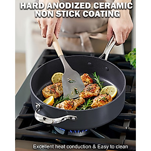 Cooks Standard 4-QT Nonstick Deep Sauté Pan with Lid, 10.5-inch Deep Frying Pan Hard Anodized Ceramic Nonstick Induction Cookware, Oven Safe Large Skillet Jumbo Cooker Sartén, Helper Handle, Black