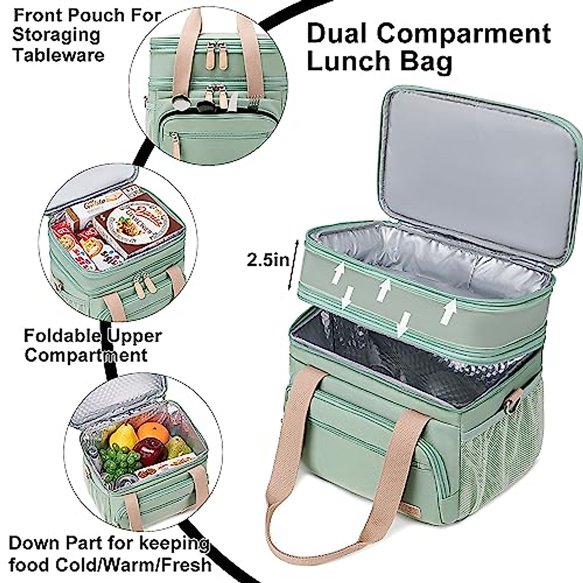 Weitars Insulated Lunch Box for Women Men-Dual Compartment Waterproof Reusable Large Lunch Bag for Women Wide-Open Tote Cooler Bag For Working Picnic Hiking (15L) (Green)